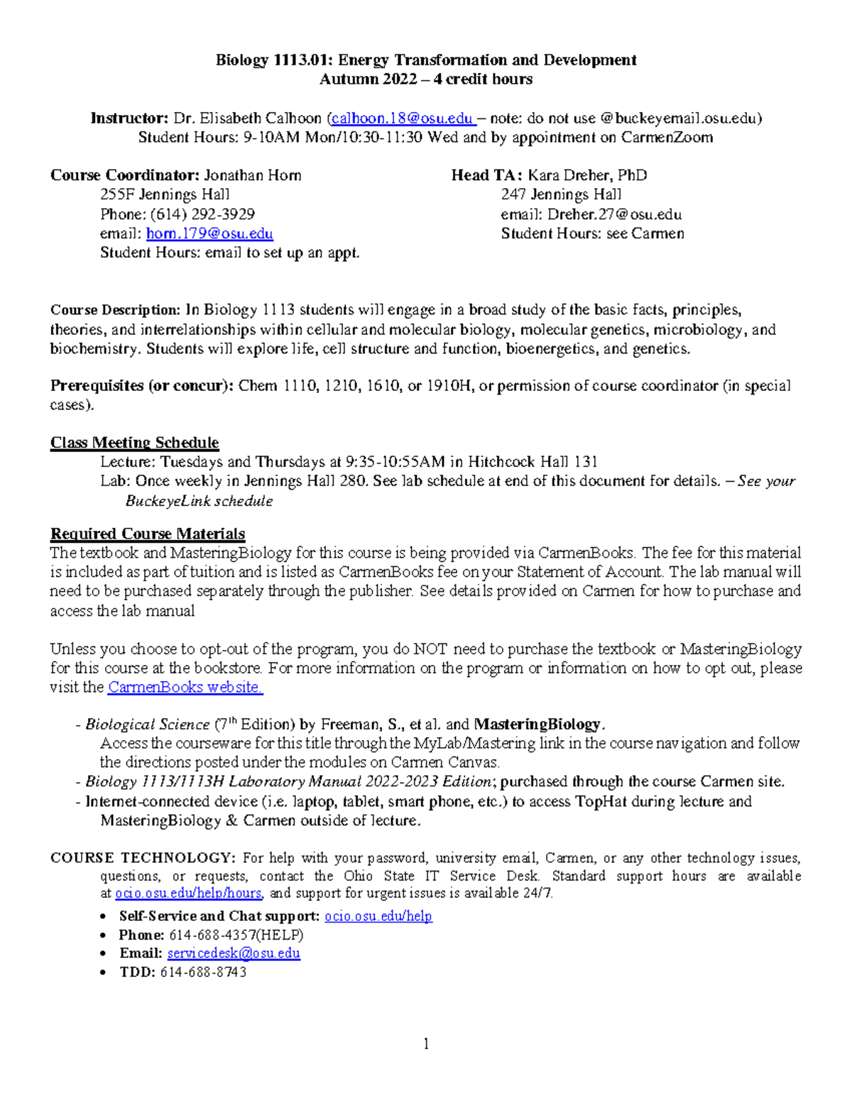 Bio 1113 - Autumn 2022 Syllabus: Energy Transformation & Development ...