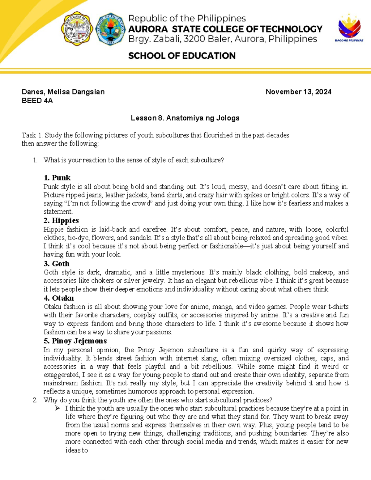 Lesson 8. Anatomiya ng Jologs DMD Final work - Danes, Melisa Dangsian November 13, 2024 BEED 4A ...