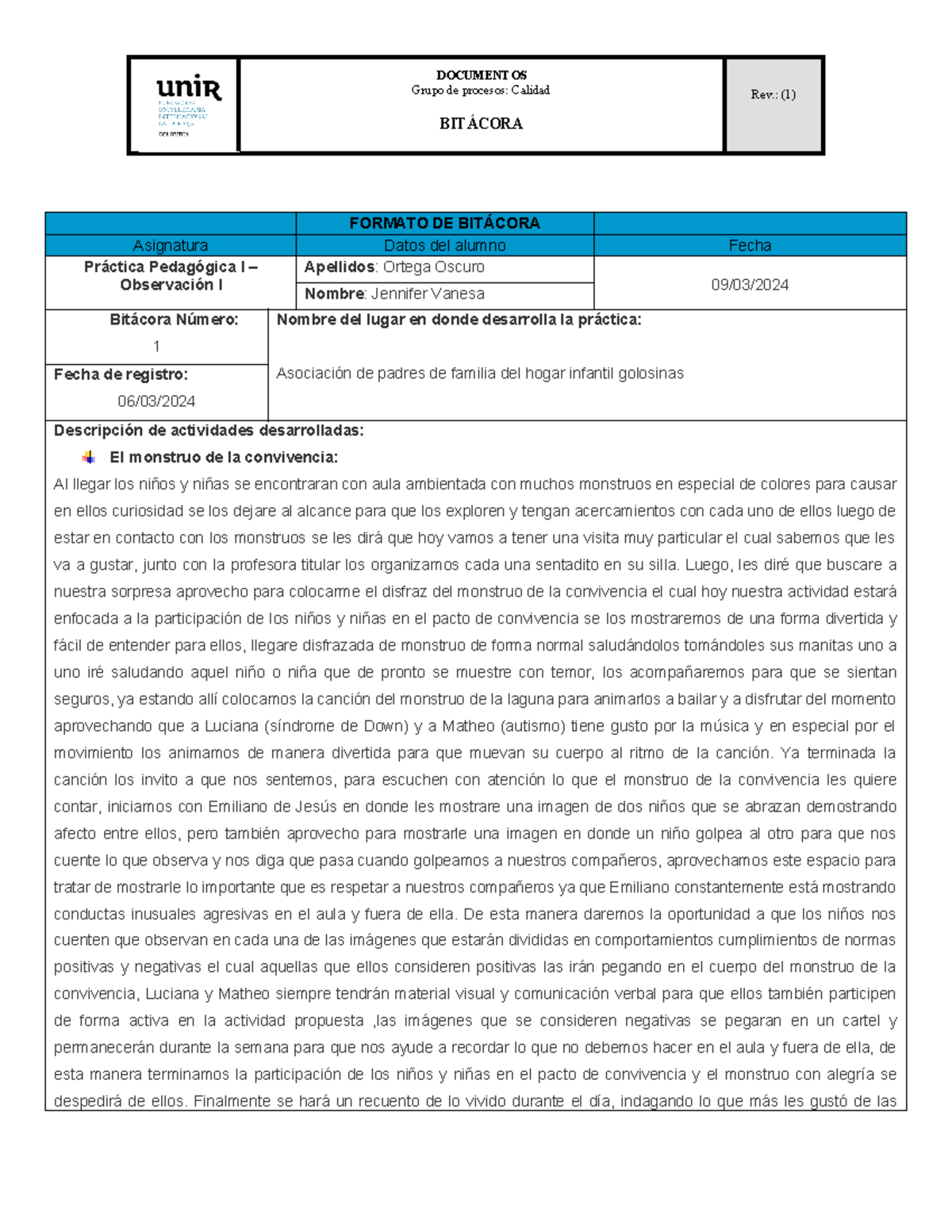 Bitácora 1: Observaciones de Práctica Pedagógica I - Jennifer Ortega - Studocu