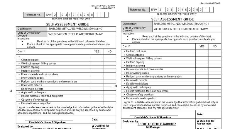 SMAW NC I Self-Assessment Guide for Welding Competency - Studocu