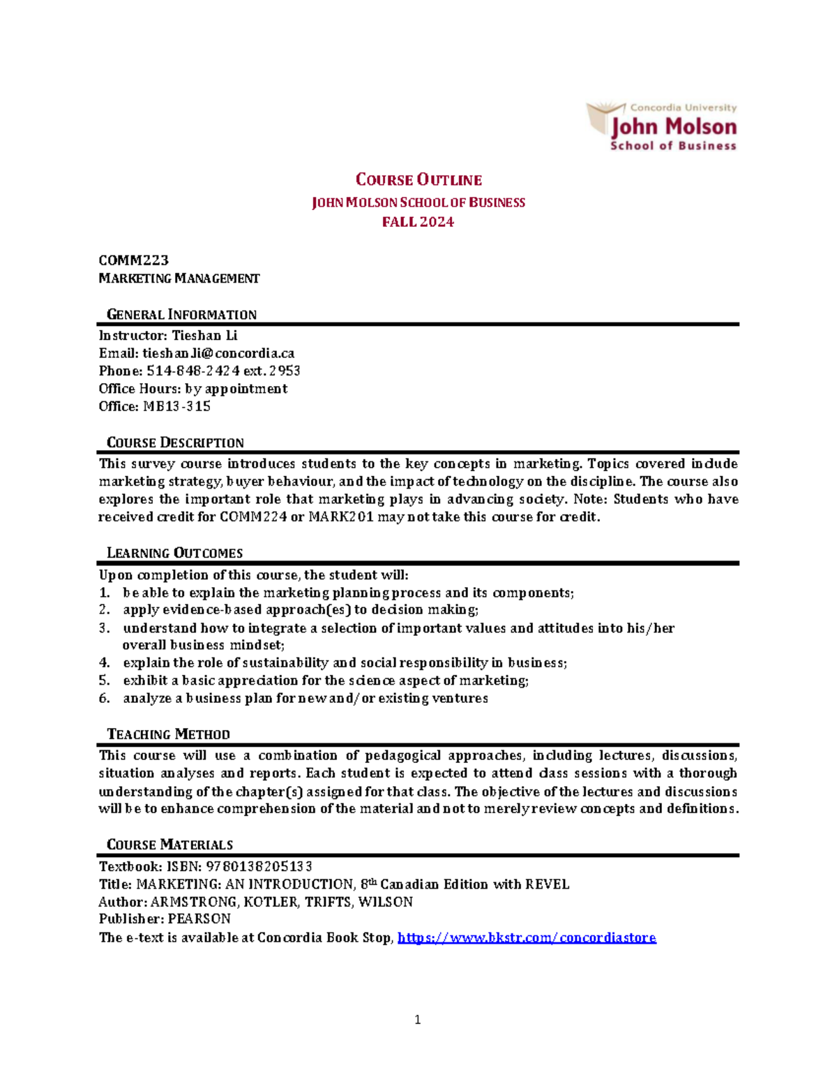 COMM223 Marketing Management Course Outline - Fall 2024 - Studocu