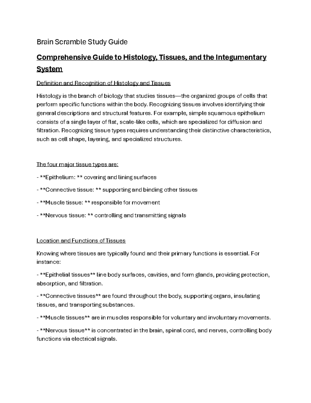 Study Guide for Exam 2: Histology, Tissues, and Integumentary System ...