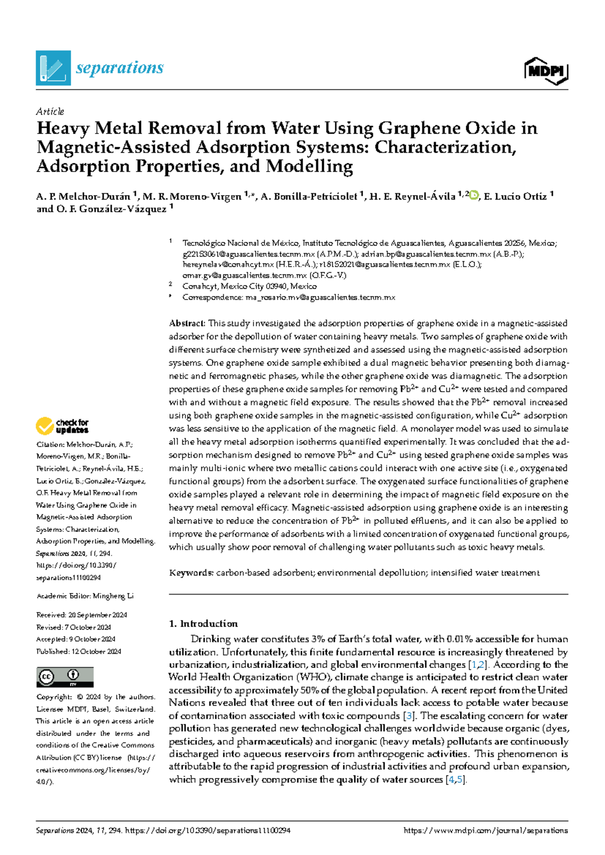 Heavy Metal Removal from Water Using Graphene Oxide: Characterization ...