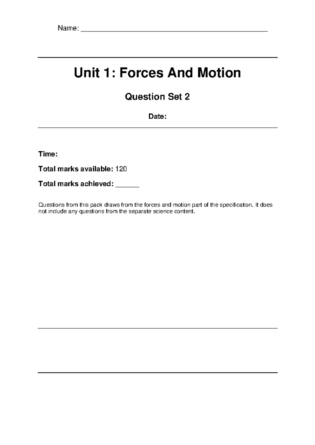 Forces and Motion Unit 1: Question Set 2 - Studocu