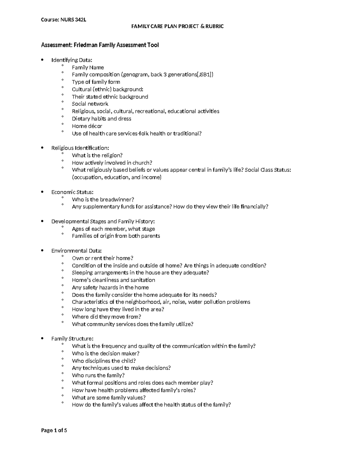 NURS 342L - Family Care Plan Project Guidelines & Rubric - FAMILY CARE ...