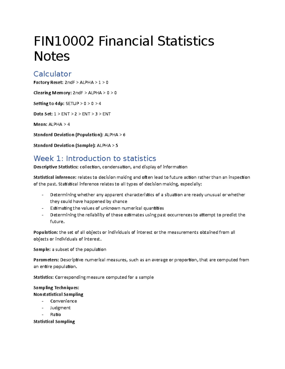 FIN10002 Financial Statistics Lecture Notes Comprehensive Guide - Studocu