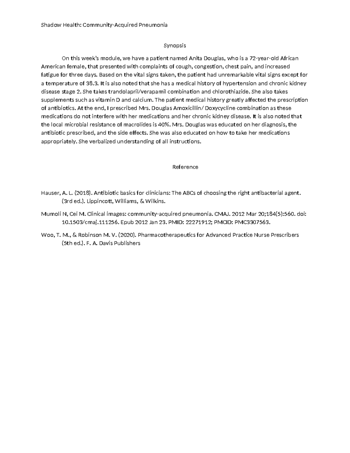 Shadow Health: CAP Pneumonia Case Study Synopsis - Studocu