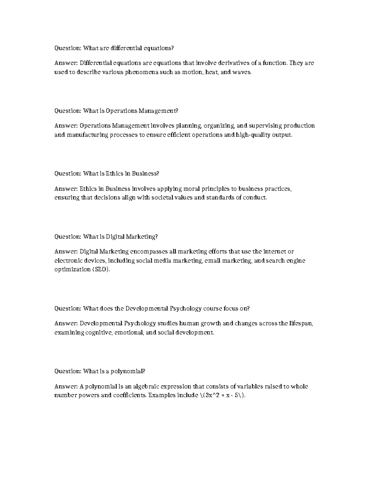 Differential Equations and Key Concepts in Business & Marketing - Studocu