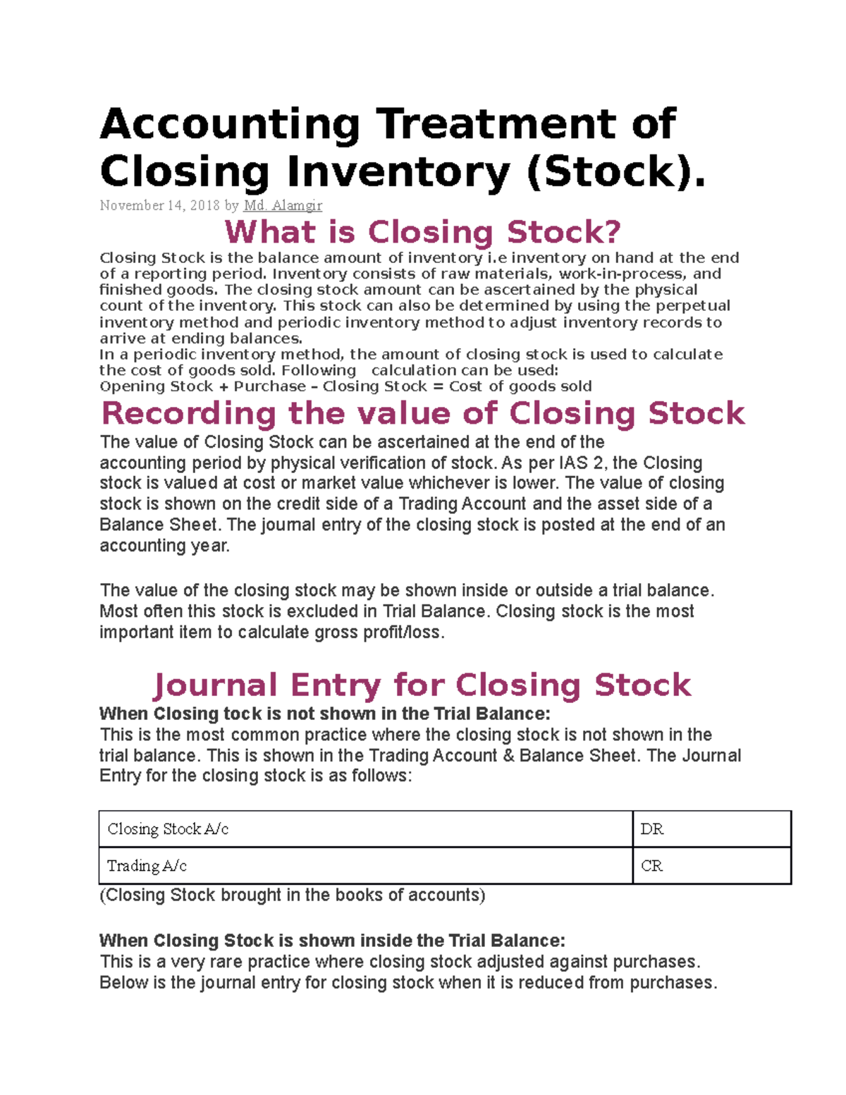 Accounting Treatment of Closing Inventory (ACCT 101) Explained - Studocu