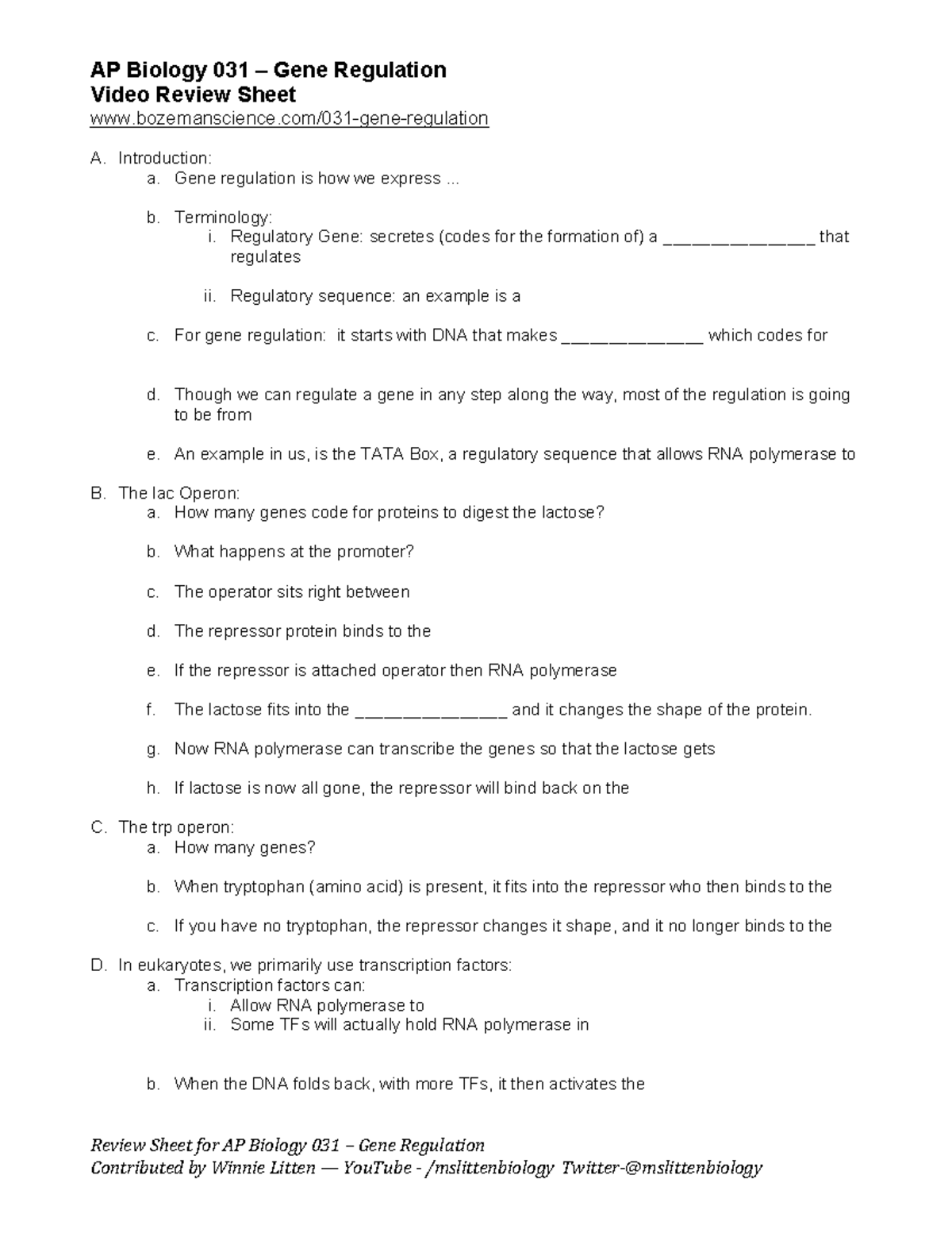 AP Biology 031 Gene Regulation Video Review Sheet - Studocu