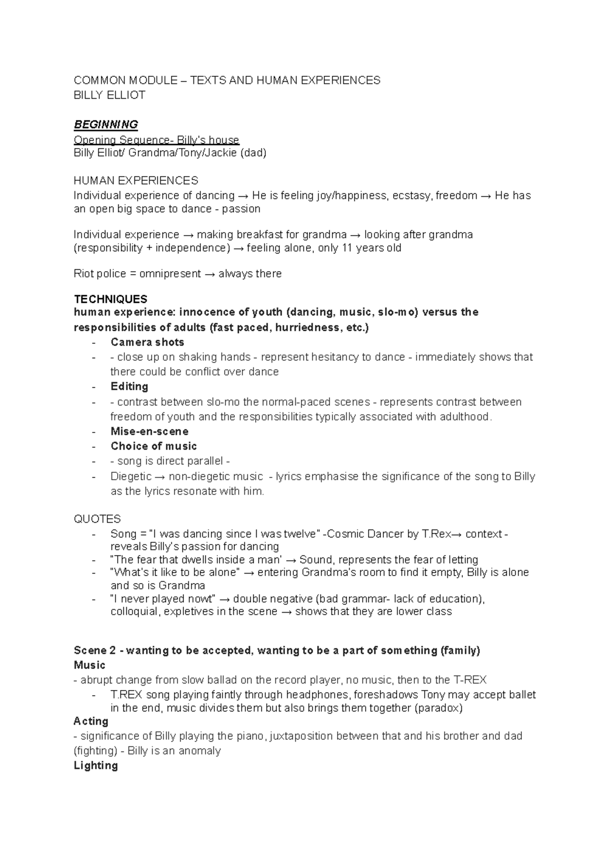 Billy Elliot – Common Module Notes on Texts & Human Experiences - Studocu