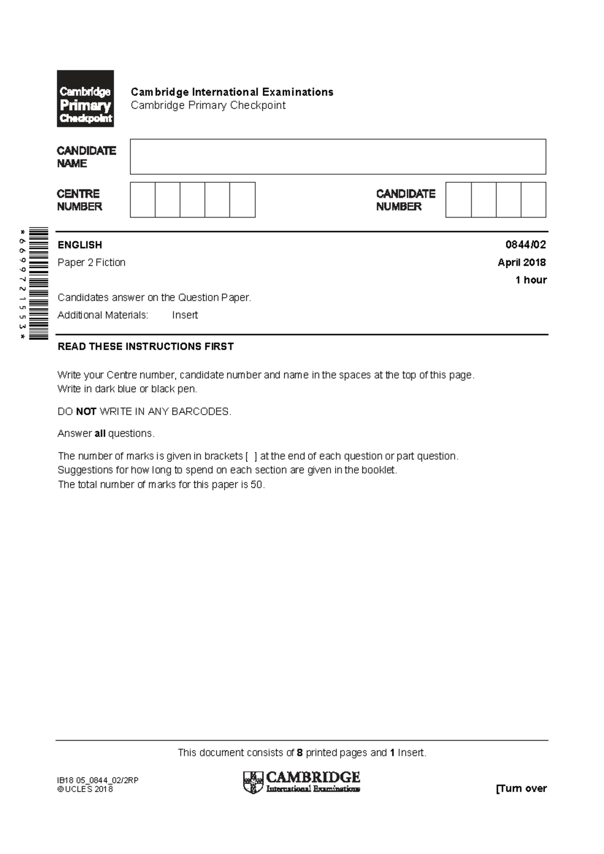Cambridge Primary Checkpoint ENGLISH Paper 2 Exam April 2018 - Studocu