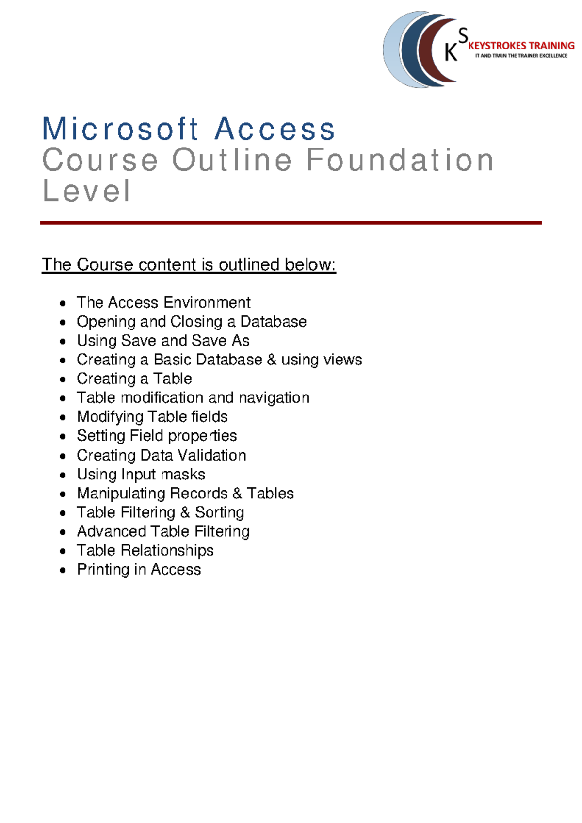 Access Course Outline: Foundations & Intermediate Level Topics - Studocu