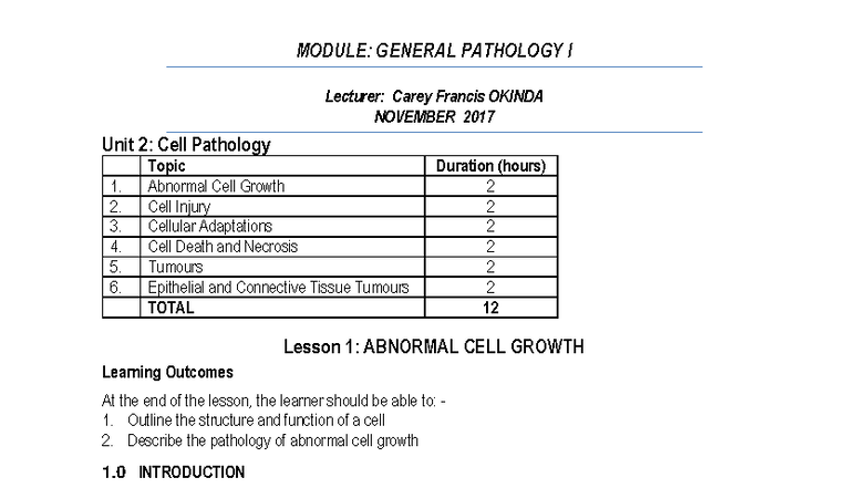 UNIT 2: CELL PATHOLOGY - LECTURE NOTES (2017) - Studocu