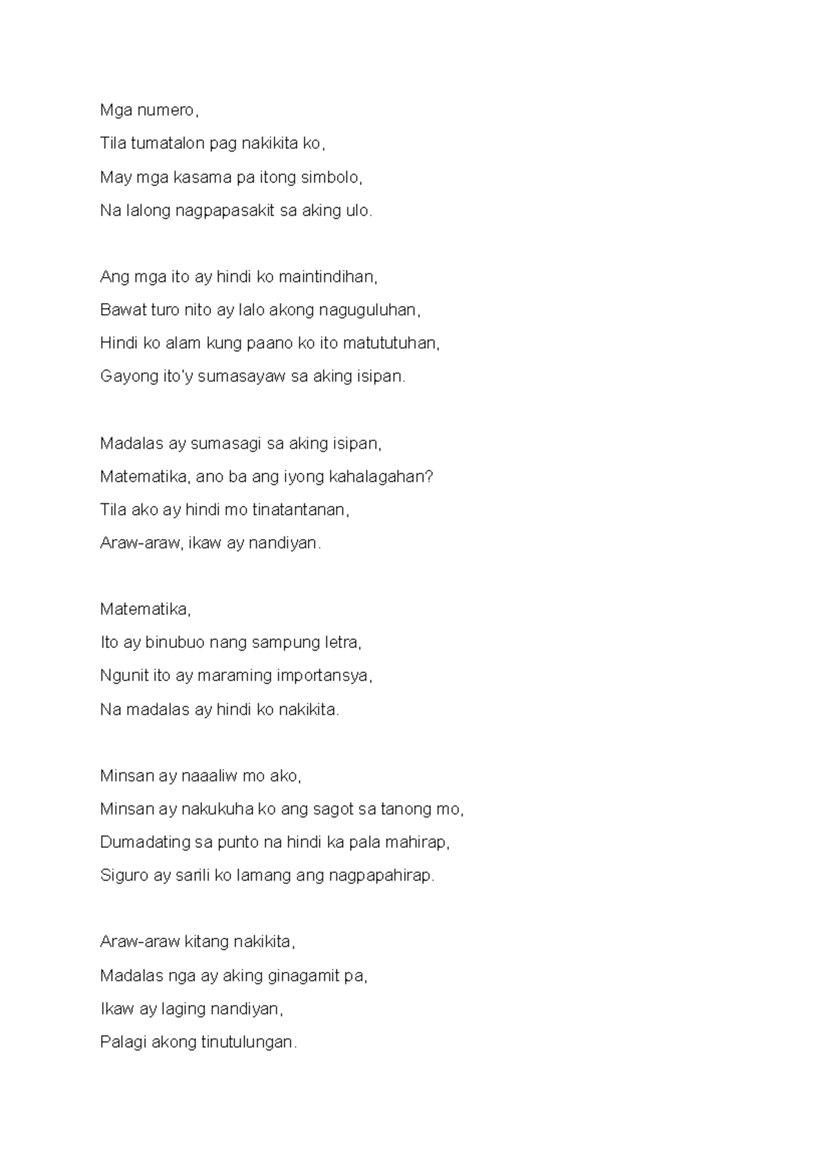 Math Poem - BSEd English 1: A Creative Reflection on Numbers - Studocu