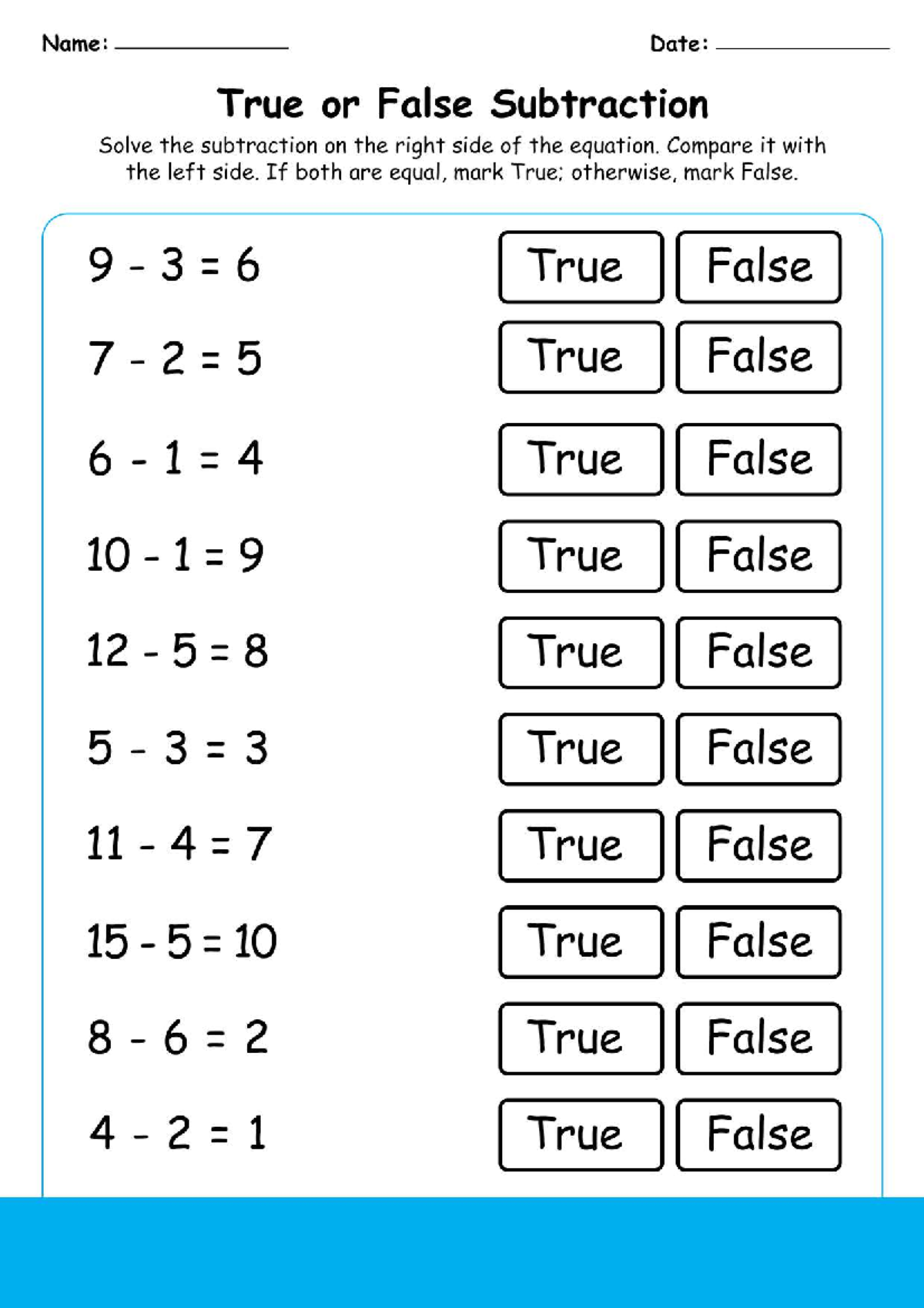 1st Grade True or False Subtraction Worksheet - Studocu