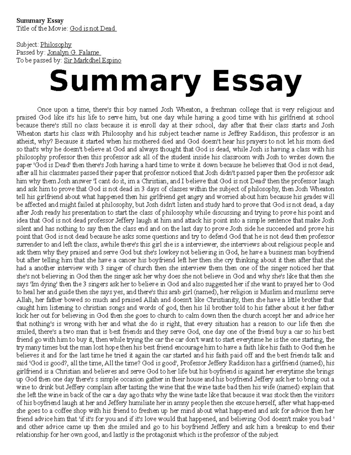 Bunso 2 - jkkkmmmkm - Summary Essay Title of the Movie: God is not Dead ...