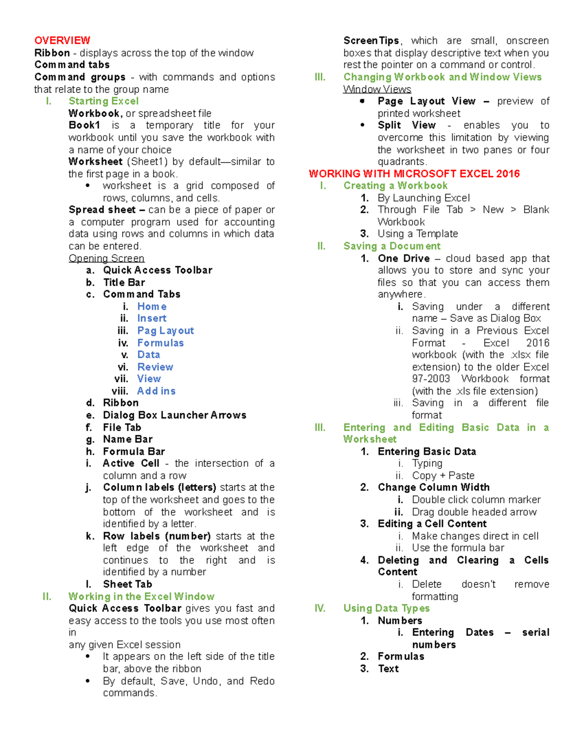 MS Excel Reviewer - OVERVIEW Ribbon - displays across the top of the ...