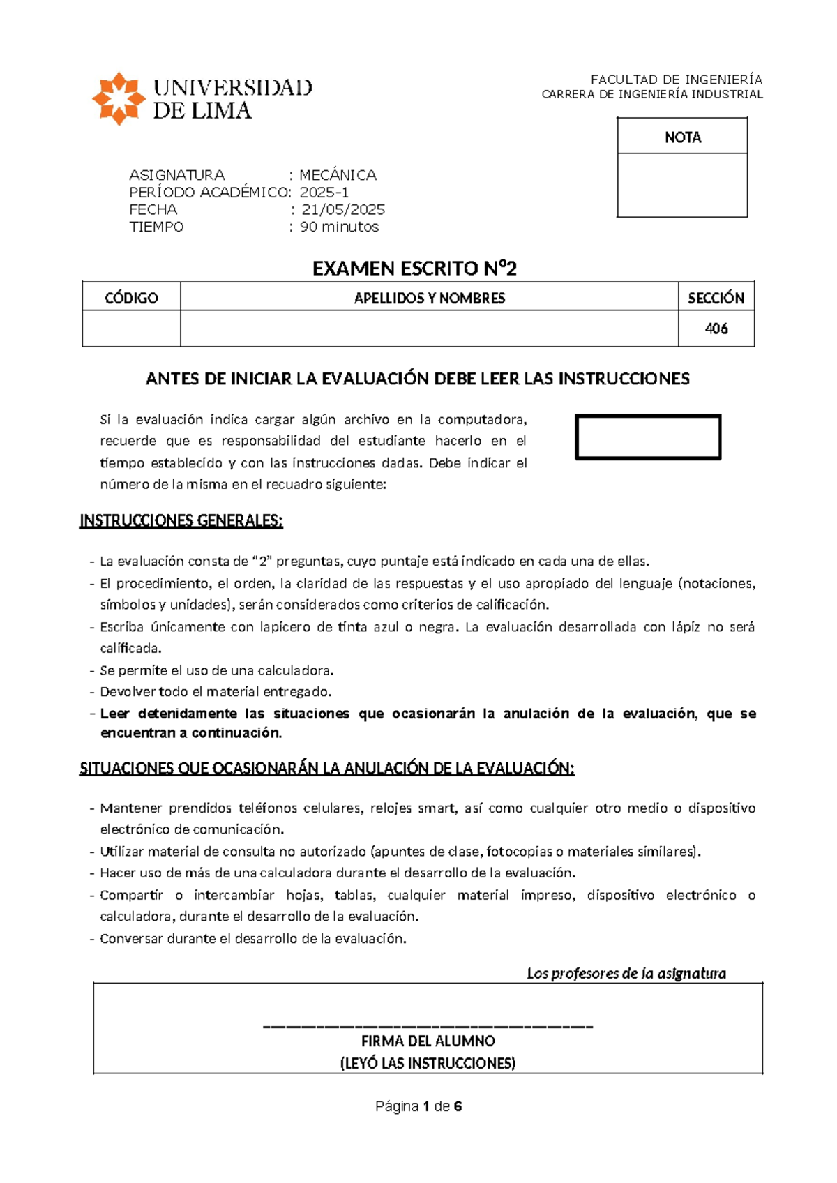 Examen Escrito N°2 de Mecánica - Sección 406 - Studocu