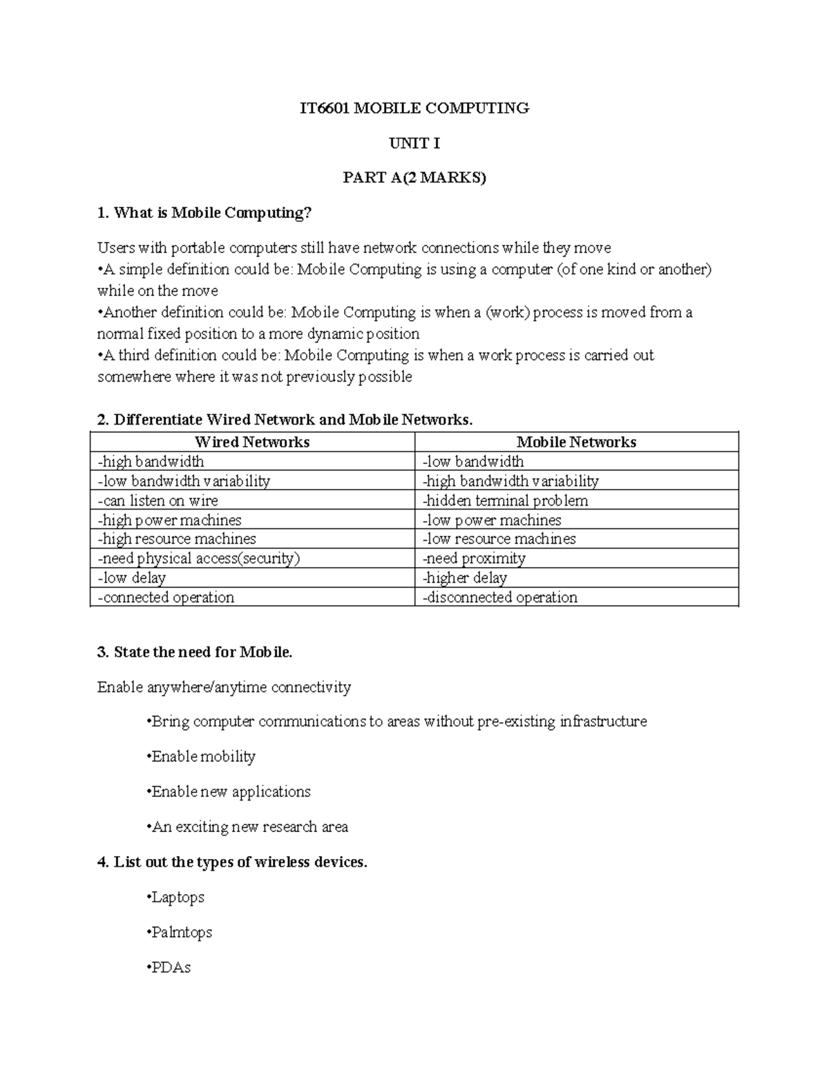 IT6601 MOBILE COMPUTING QUESTION BANK UNIT I & II (2 MARKS) - Studocu