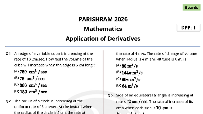 Application of Derivatives DPP 01: Mathematics Problems and Solutions ...