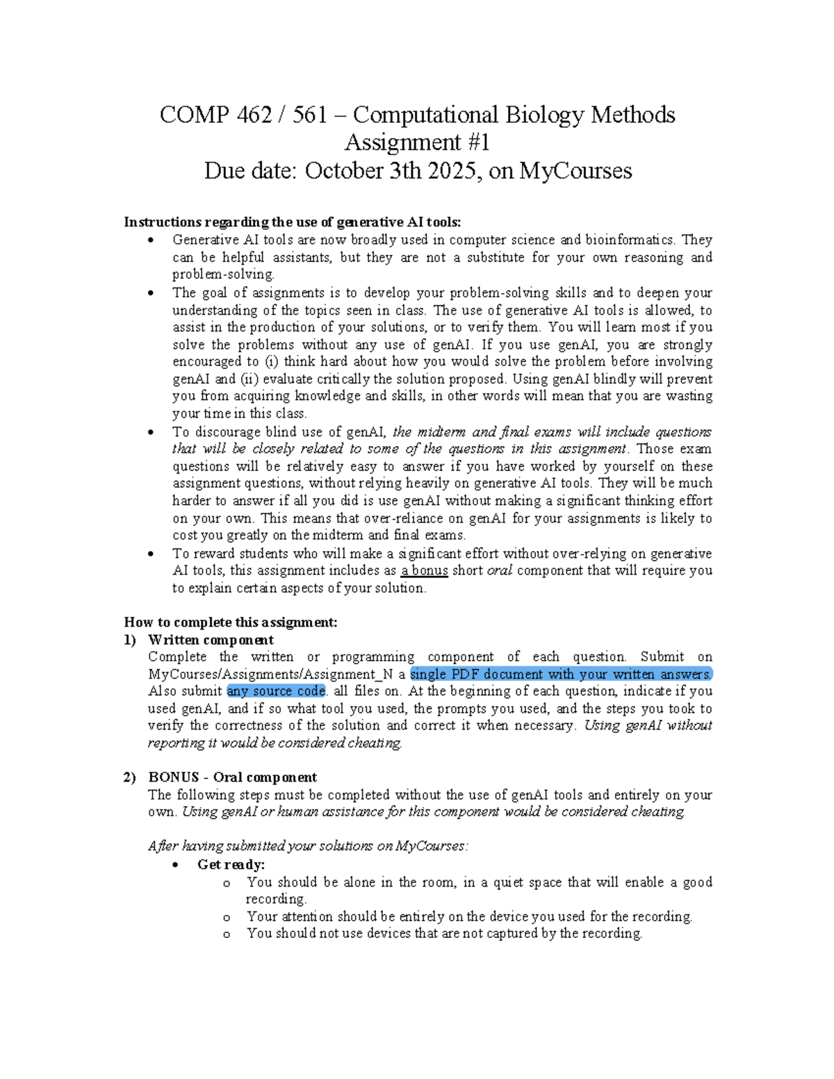 COMP 462 561 Computational Biology Methods Assignment Guidelines - Studocu