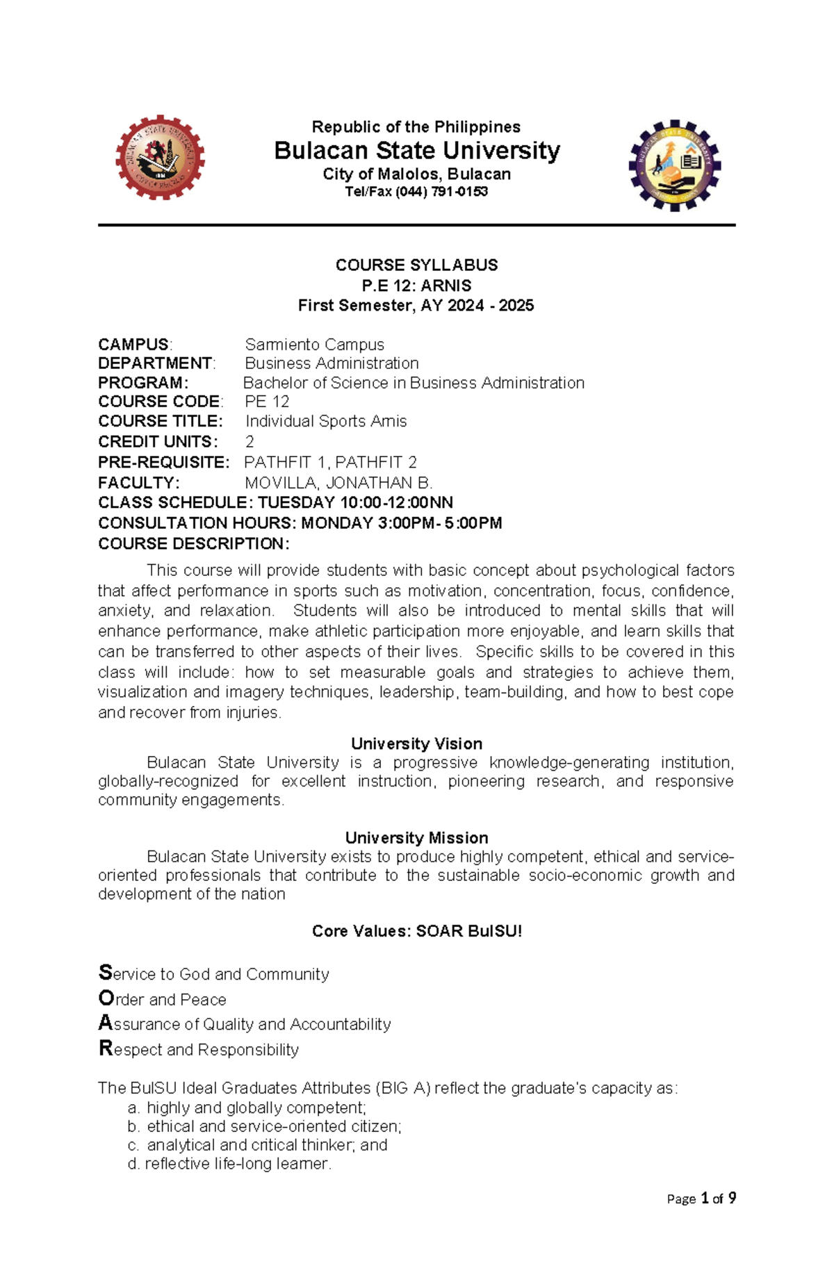 Syllabus- Arnis-PE-1ST-SEM-AY-2021-2022 - Republic of the Philippines Bulacan State University ...