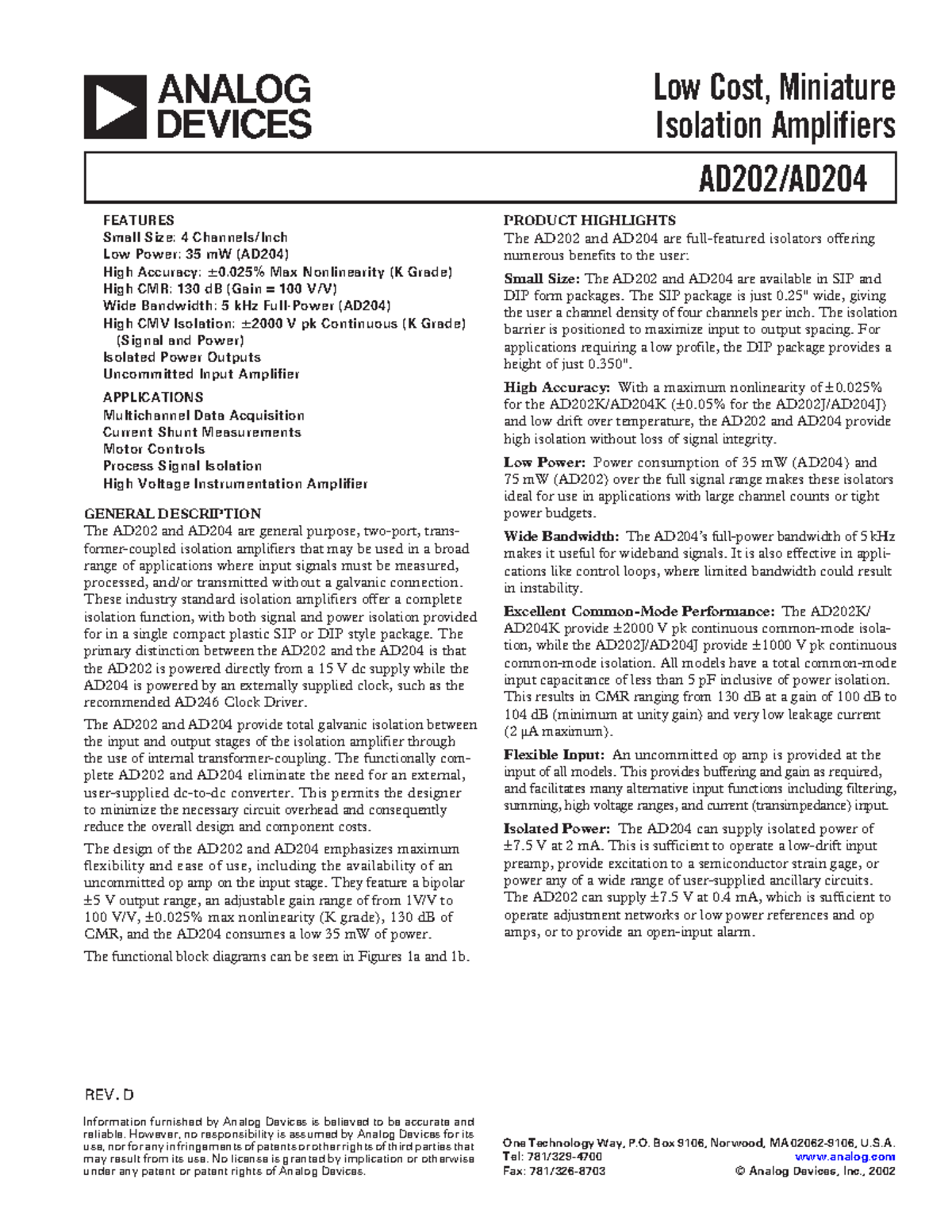 AD202 204 - Datasheet - REV. D Information furnished by Analog Devices ...