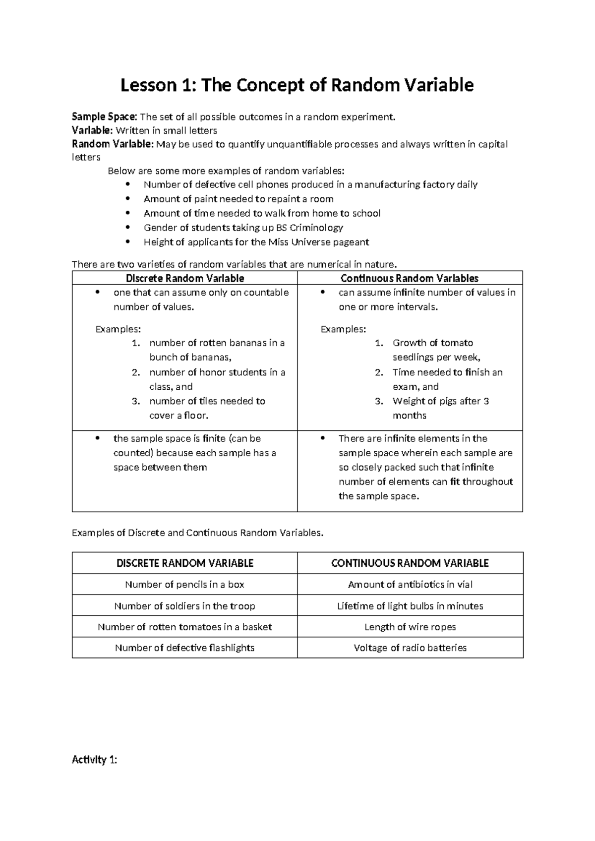 Stats lesson 1 and 2 - Lesson 1: The Concept of Random Variable Sample ...