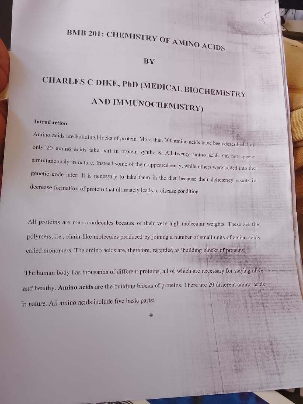 BMB 201: Chemistry of Amino Acids Lecture Notes - Studocu