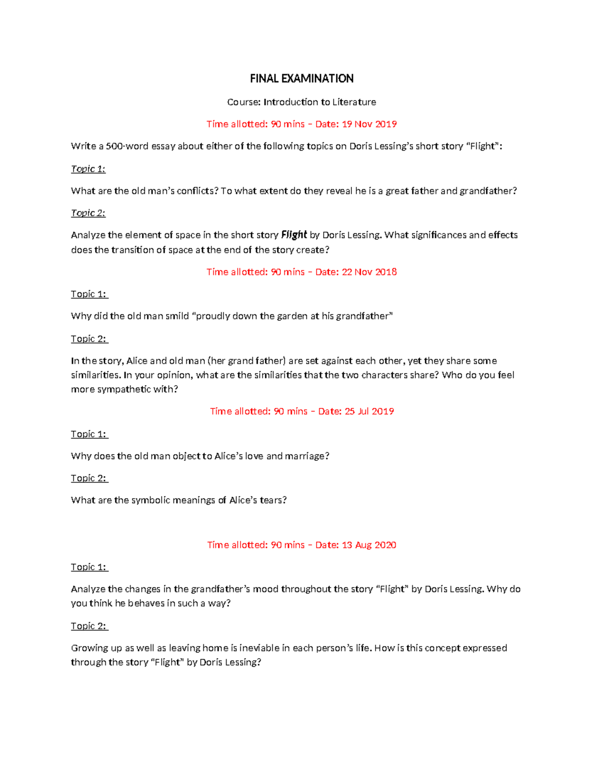 Final Exam: Intro to Literature - Doris Lessing's "Flight" Analysis ...