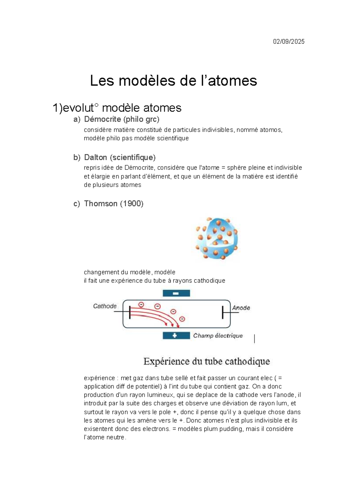 CM1 Modèles de l'Atome : Démocrite à Rutherford - Studocu