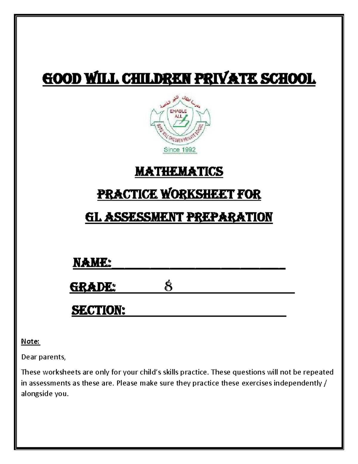 Grade 8 GL Assessment Mathematics Practice Worksheet - Studocu