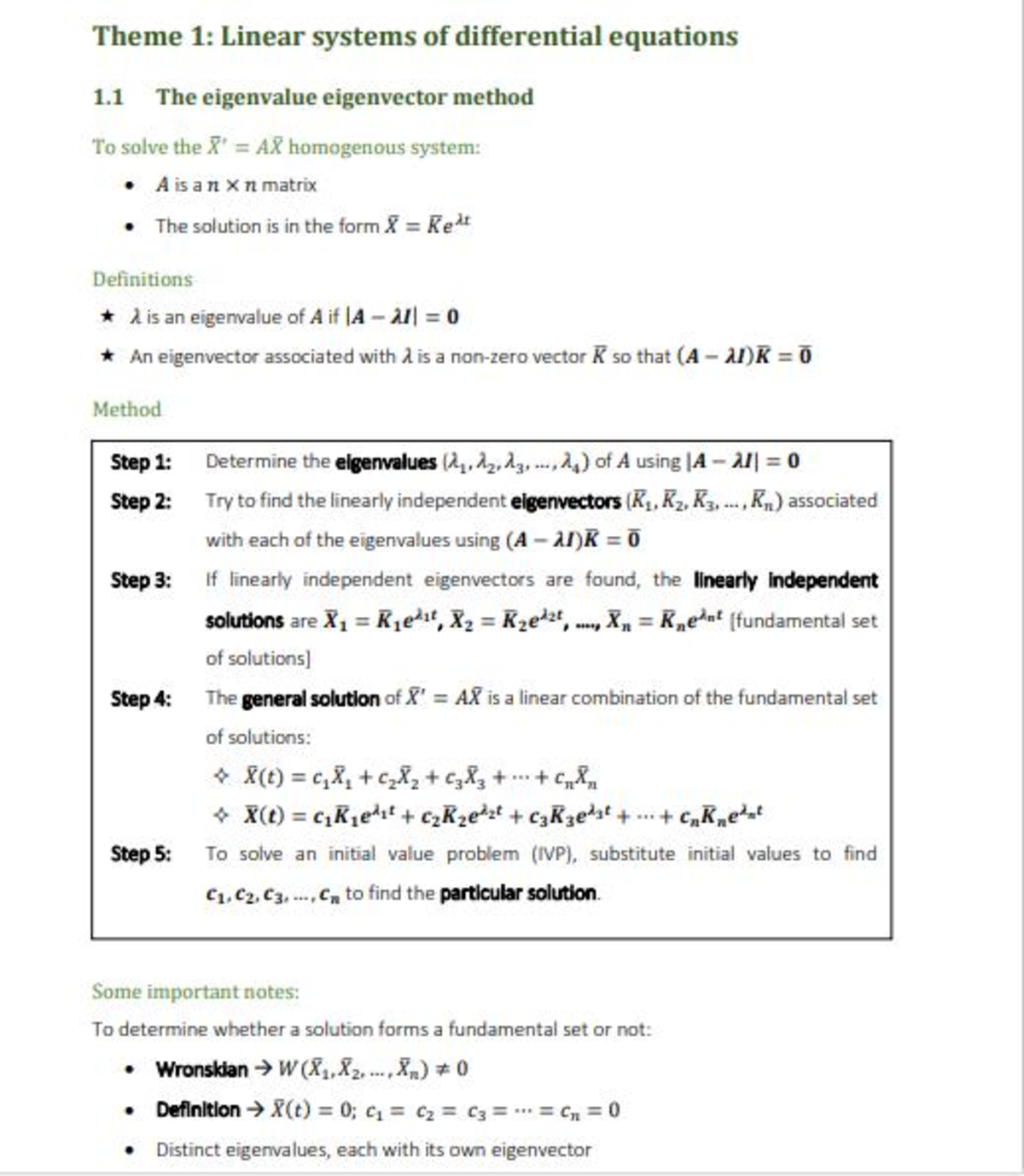 Linear Systems of Differential Equations: Eigenvalue Method Notes - Studocu