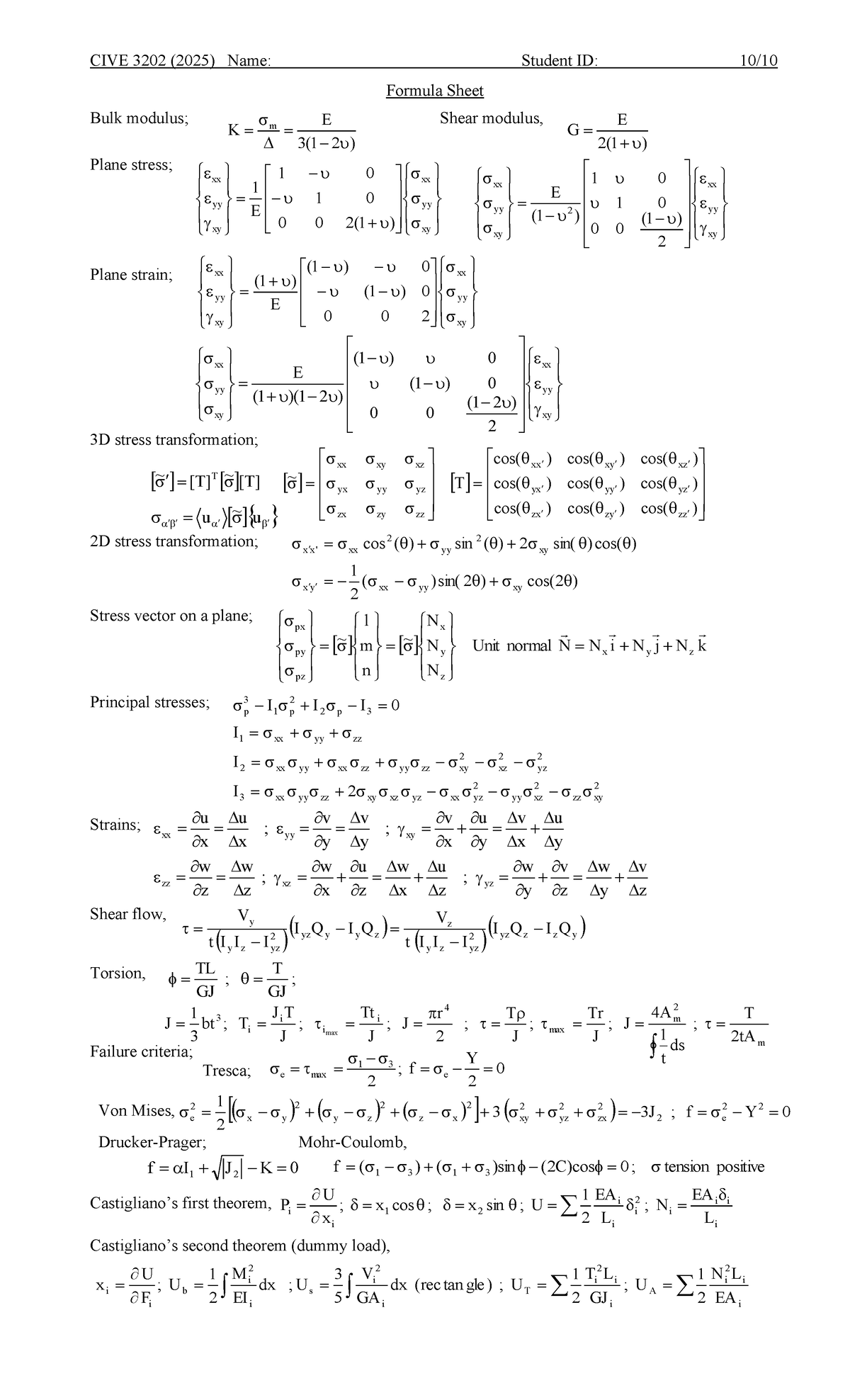 CIVE 3202 (2025) Solids 2 Final Exam Formula Sheet - Studocu