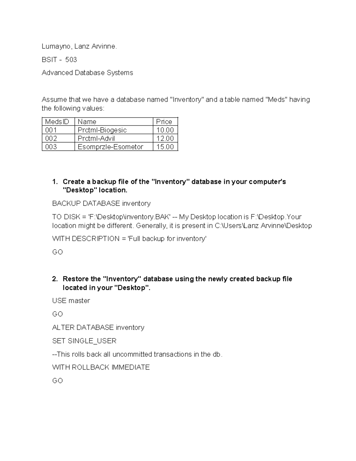 Lumayno Lanz Advanced Database Systems 06 Practice Exercise 1 - Lumayno ...
