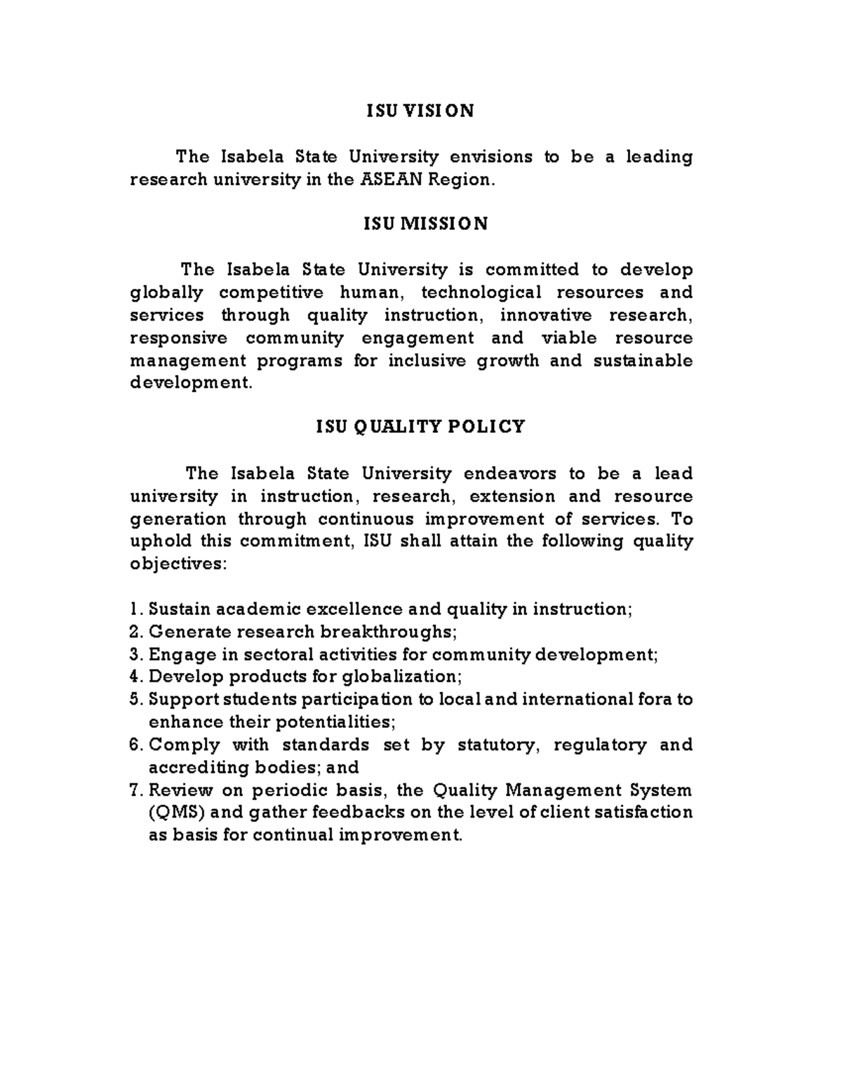 Vision, Mission, Quality Policy - ISU VISION The Isabela State ...
