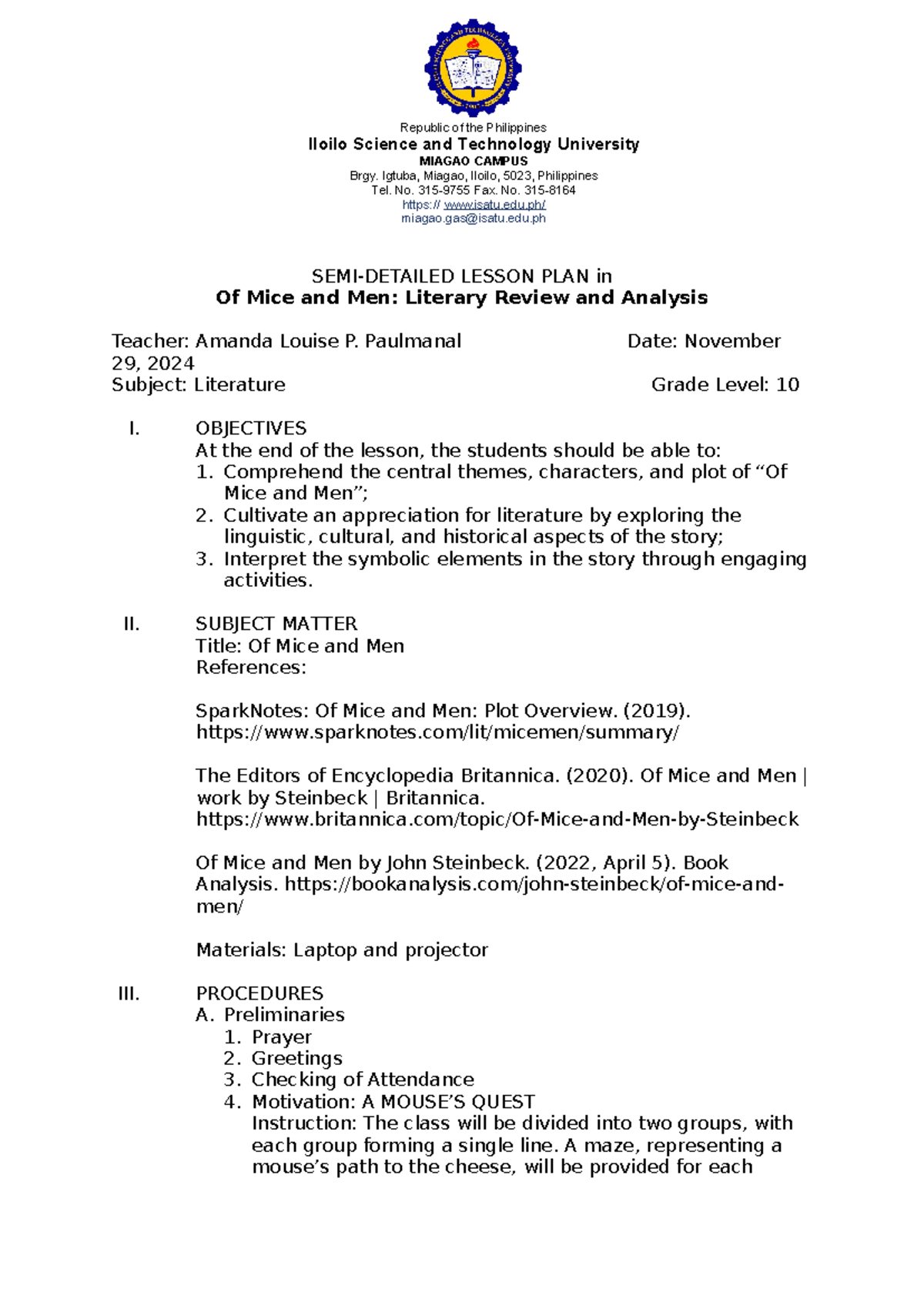 Of Mice and Men Lesson Plan - Iloilo Science and Technology University ...