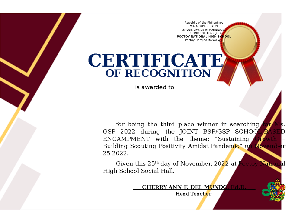 Certificates of Recognition for JOINT BSP/GSP Encampment 2022 - Studocu