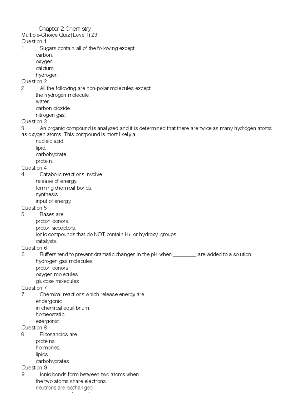 Chapter 2 Chemistry - Multiple Choice Quiz Insights - Studocu