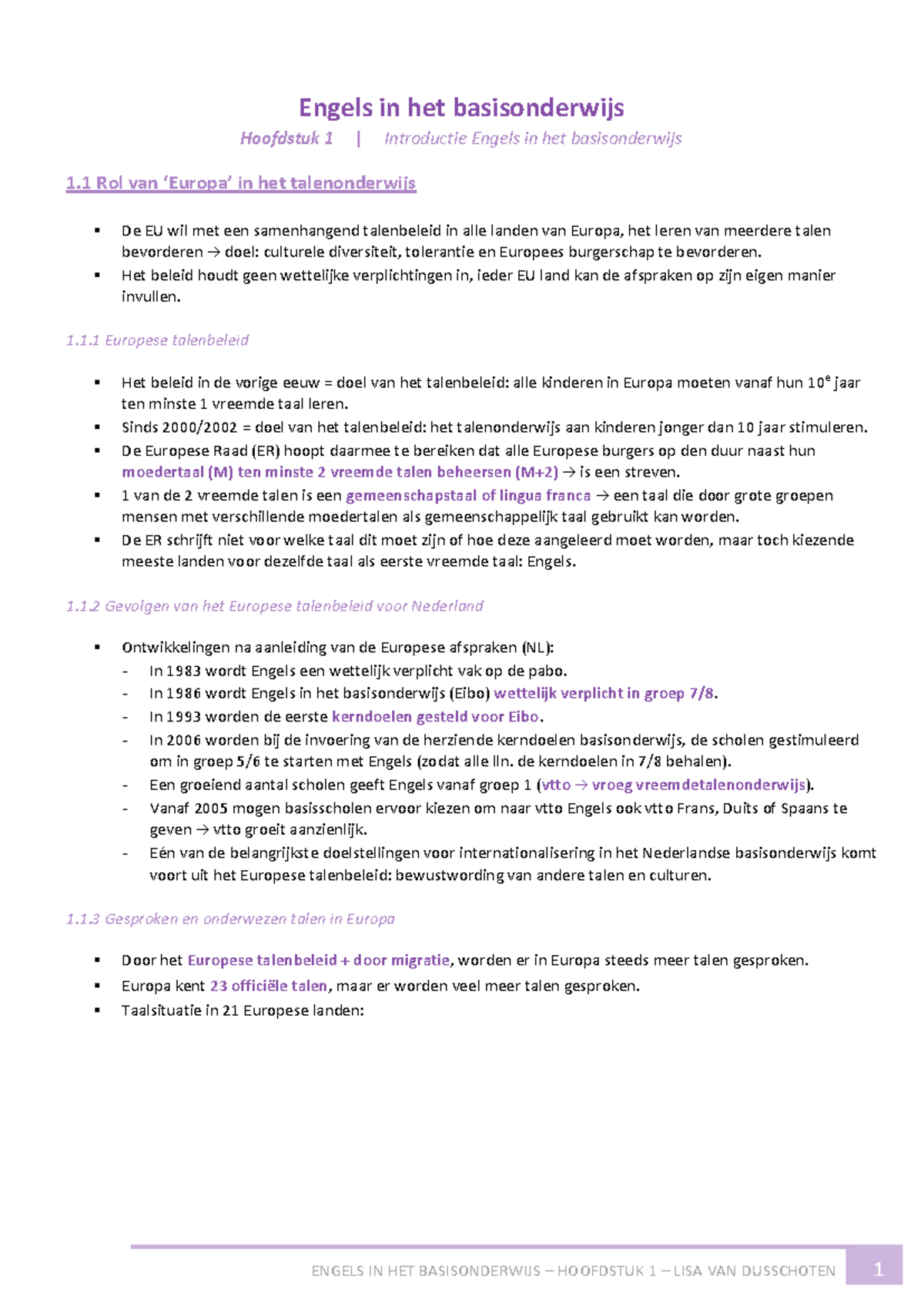 H.1-5 en 10: De Rol van Engels in het Basisonderwijs en Europees Beleid ...