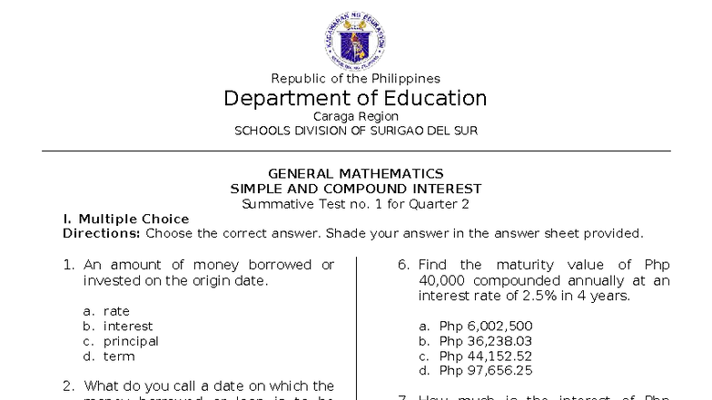 MAT 101: General Mathematics - Simple & Compound Interest Summative ...