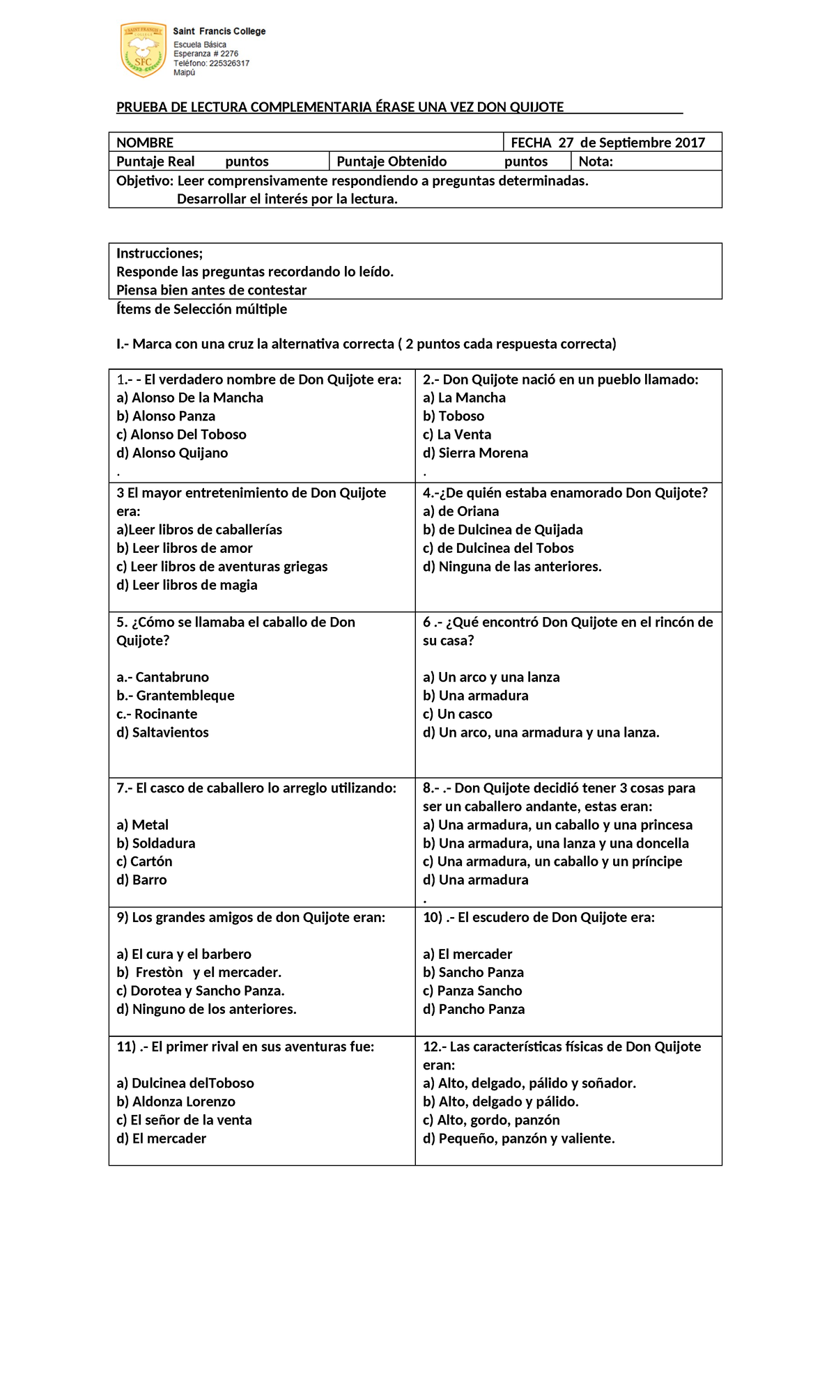 359633582 Prueba de Lectura sobre Don Quijote: Preguntas y Respuestas ...