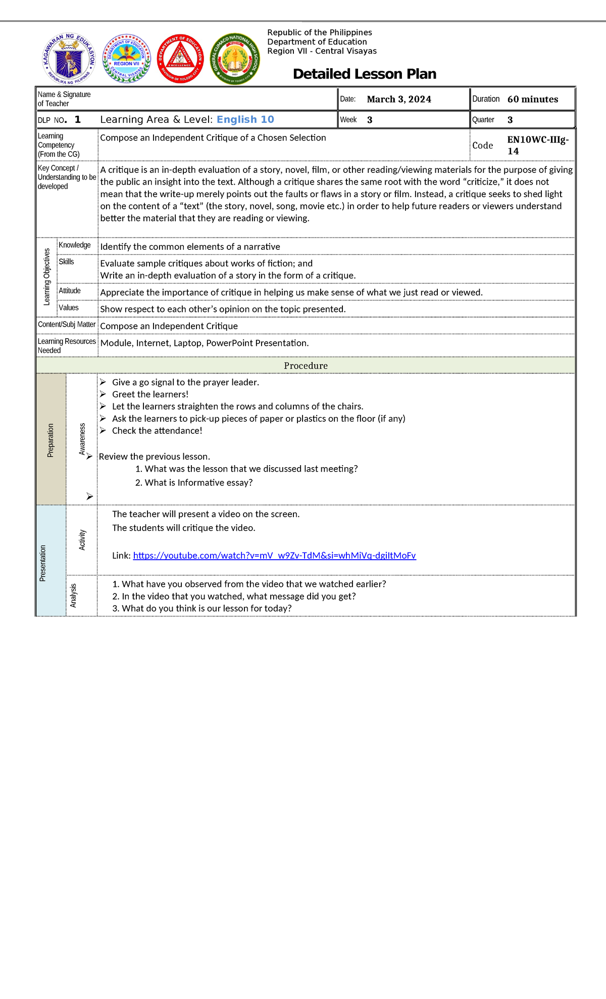 Independent Critique Guide for English 10 (EN10WC-IIIg-14) Lesson Plan - Studocu