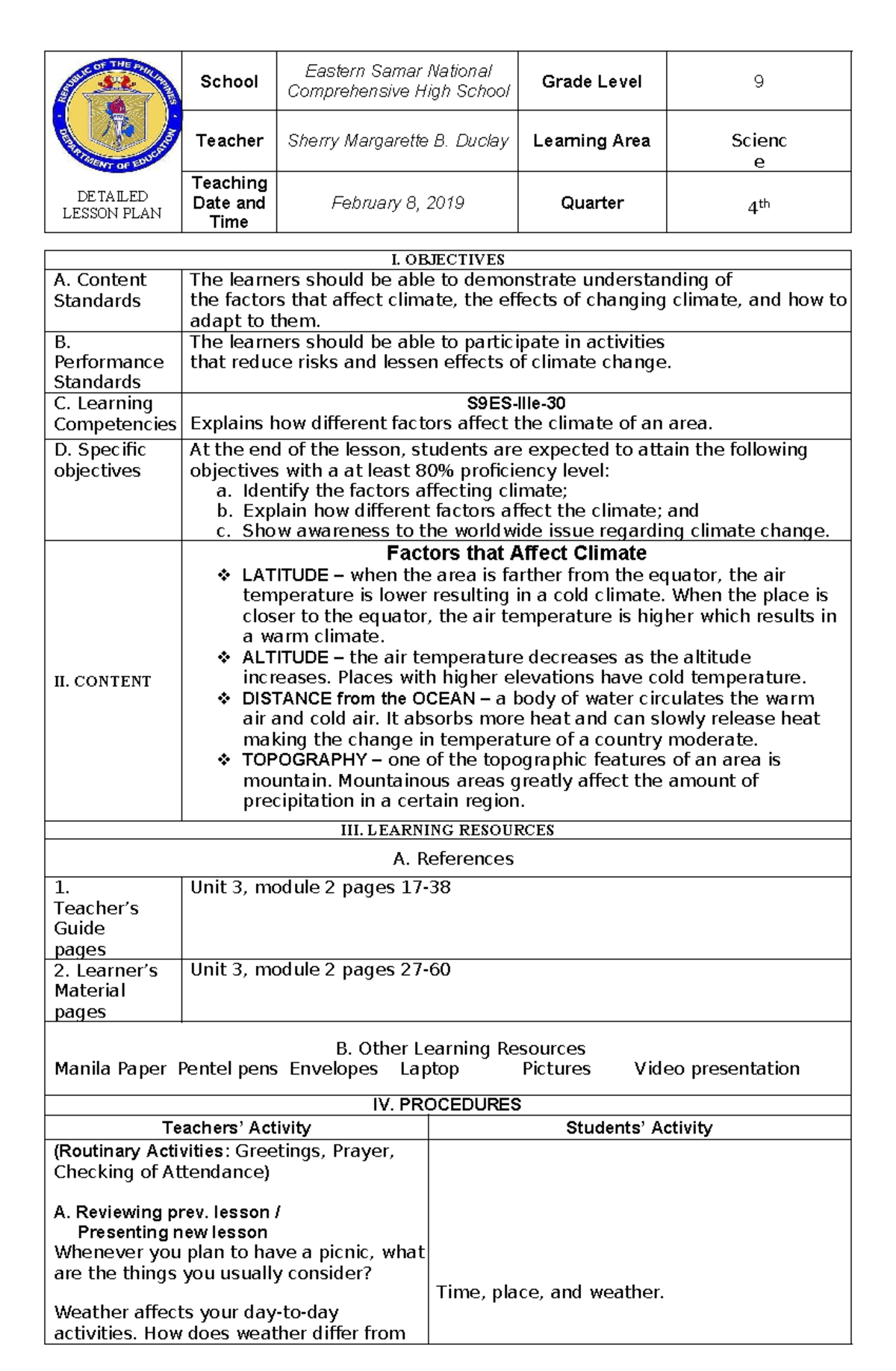 Factors-affecting-climate compress - DETAILED LESSON PLAN School ...