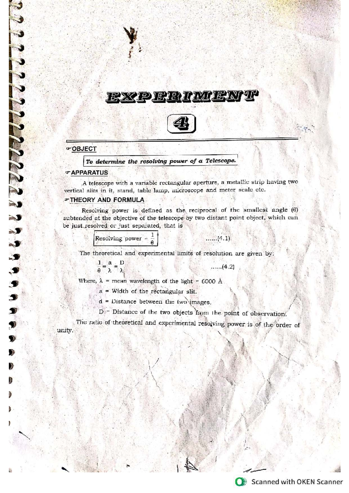 Experiment 8: Determining the Resolving Power of a Telescope - Studocu