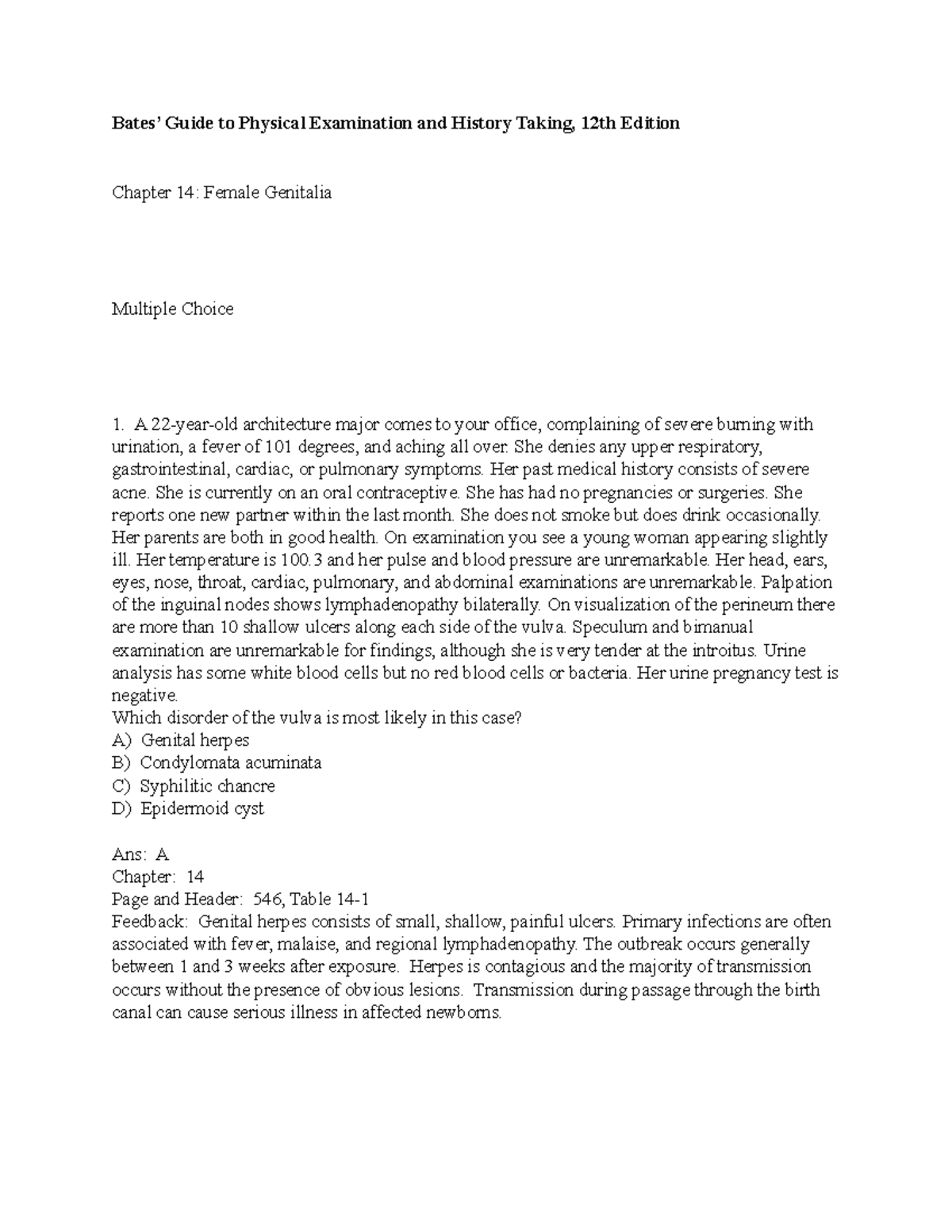 Bates Test Questions: Chapter 14 - Female Genitalia Analysis - Studocu