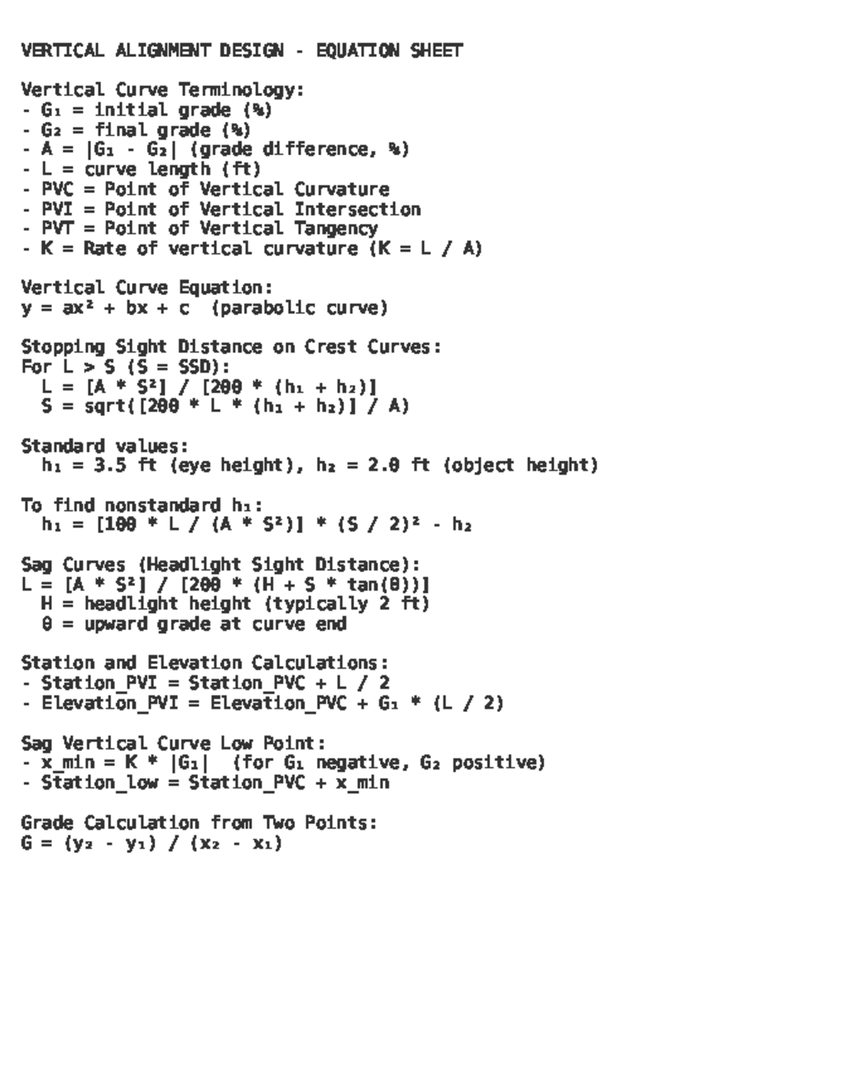 Vertical Alignment Design Equation Sheet for Civil Engineering (CE 101 ...