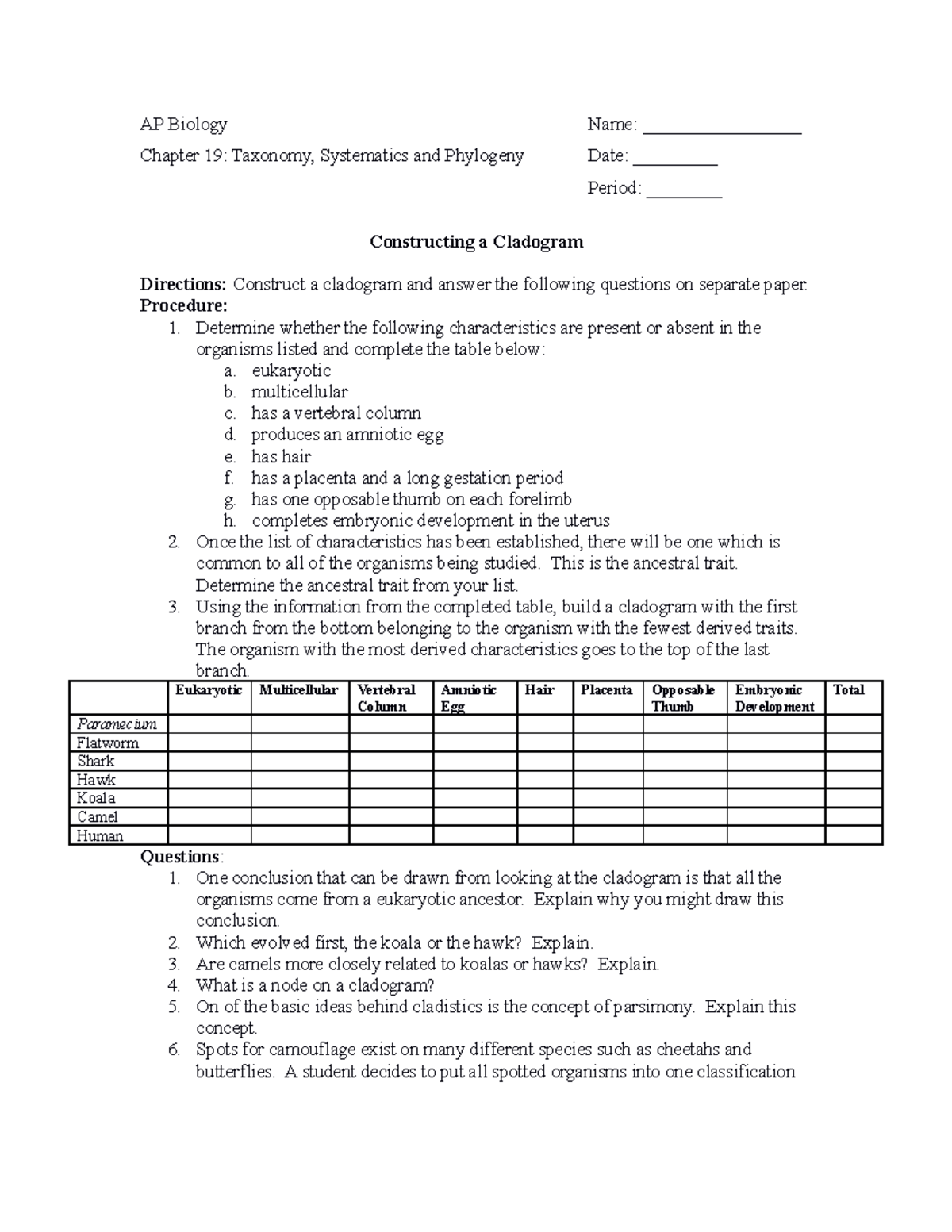 Constructing a Cladogram Activity - AP Biology Name ...