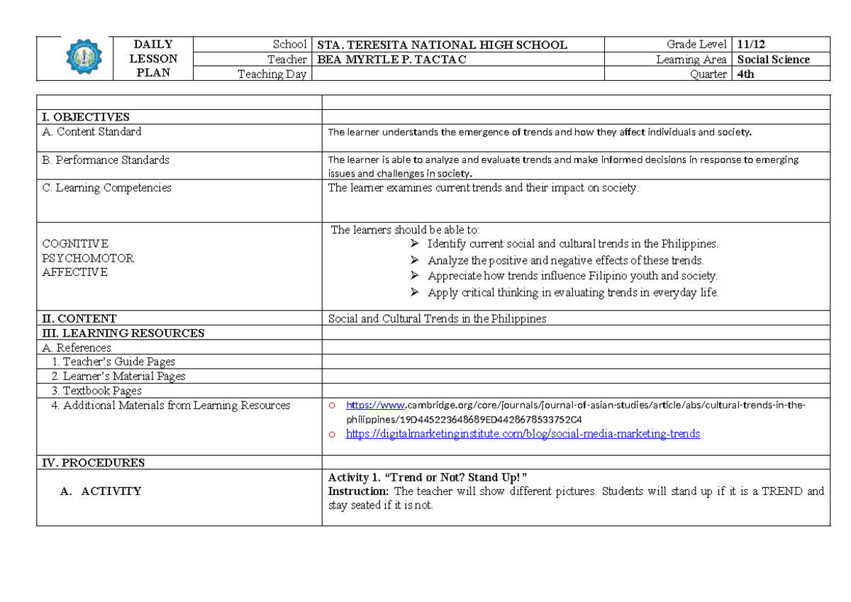 DAILY LESSON PLAN: Social & Cultural Trends (Grade 10, 4th Quarter ...